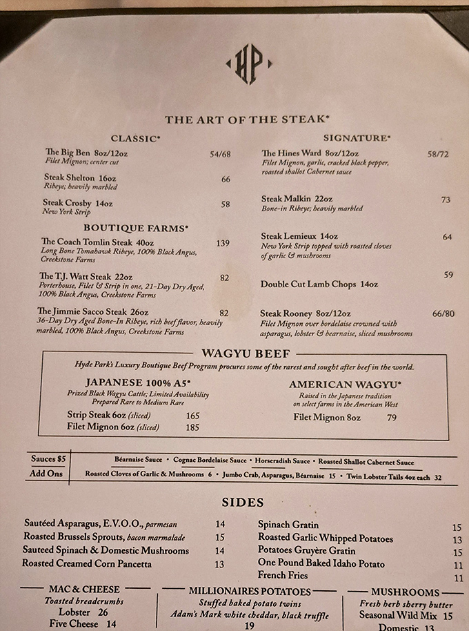 The menu reads like a love letter to carnivores, with Pittsburgh sports legends lending their names to premium cuts that would make any fan cheer.