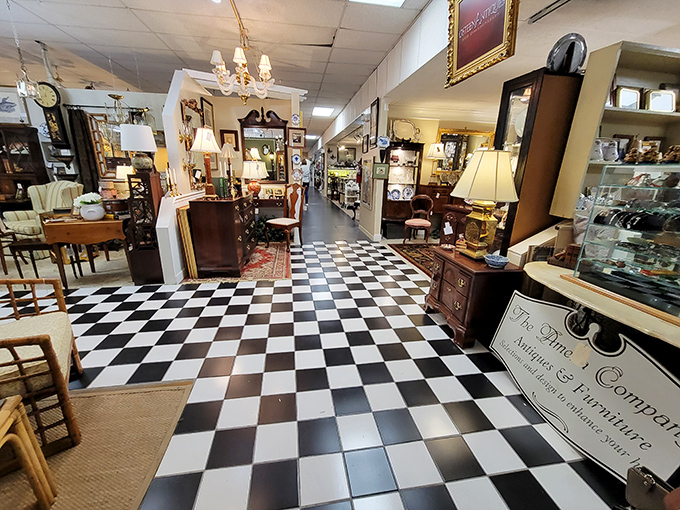 That black and white checkered floor isn't just stylish&mdash;it's the yellow brick road of antiquing, leading to booths where memories are displayed and priced accordingly.