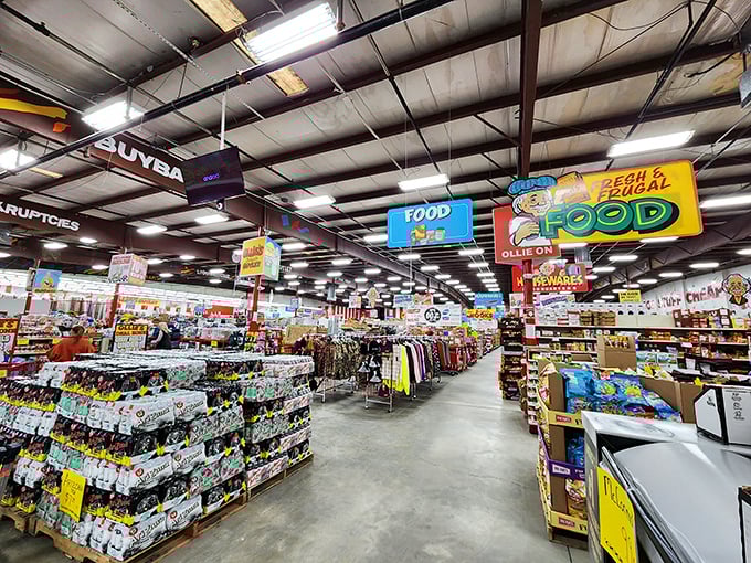 Welcome to retail wonderland! Colorful signs hang from the ceiling like carnival banners, guiding you through departments of unexpected treasures.