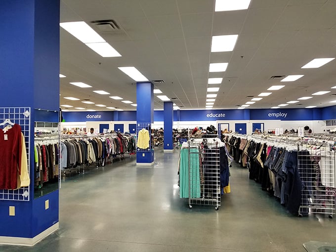 A thrifter's paradise stretches before you with organized racks and the Goodwill mantra&mdash;donate, educate, employ&mdash;guiding your shopping journey.
