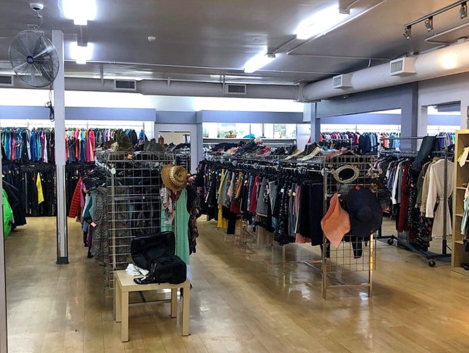 Racks upon racks of potential wardrobe revolutions await. Like archaeological layers, each section tells a different story of San Diego style.