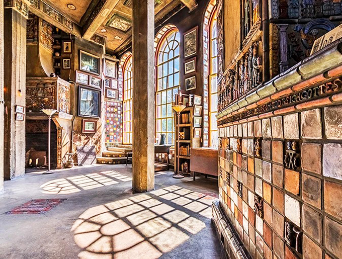 Sunlight creates a dance of shadows across the tile-adorned interior, turning concrete into a canvas of warmth.