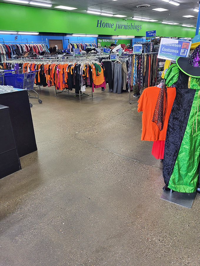 Halloween costumes mingle with everyday finds. The vibrant green "Home furnishings" sign acts as your North Star in this sea of secondhand treasures.