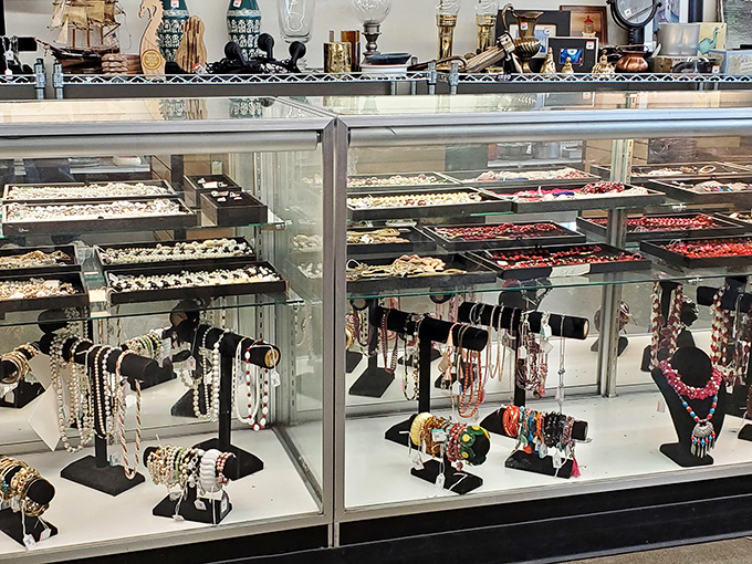 Behind glass cases, jewelry finds its temporary home before adorning new wrists, necks, and ears at a fraction of retail prices.