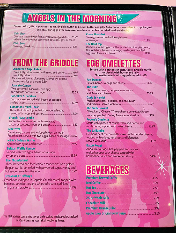 The pink menu reads like a greatest hits album of comfort classics. "Angels in the Morning" isn't just a song&mdash;it's breakfast salvation.