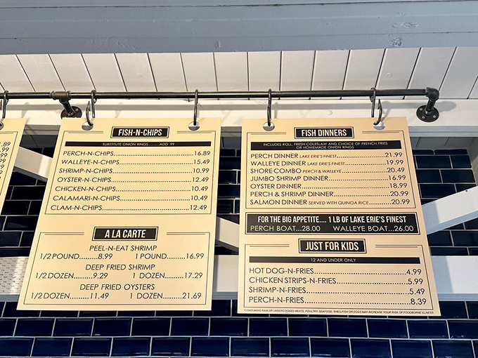 The menu board tells the whole story&mdash;perch, walleye, and other treasures from the lake. Reading it feels like opening a treasure map.