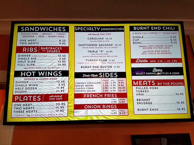 The menu board speaks the universal language of smoked meat devotion. No flowery descriptions needed when your barbecue has this kind of reputation.