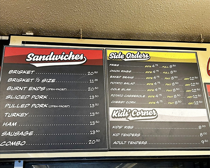 The menu board tells a simple truth: in barbecue mathematics, brisket plus burnt ends equals pure happiness.