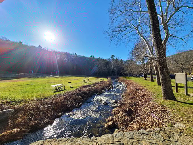 A babbling brook under clear blue skies&mdash;nature's version of meditation music with the added benefit of picnic tables and zero subscription fees.