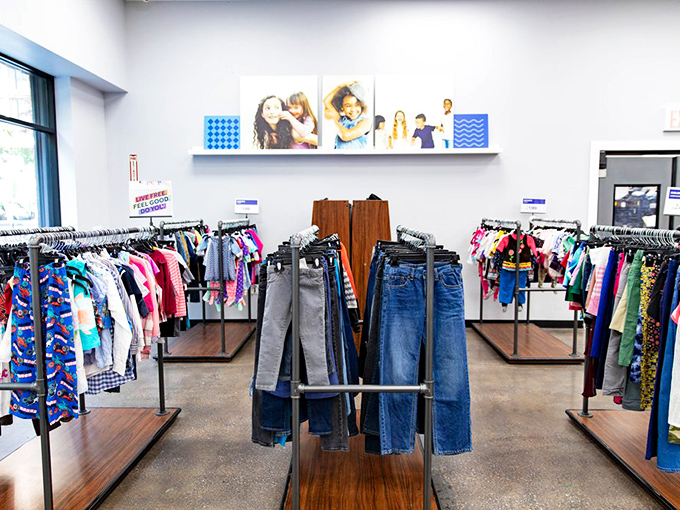 The clothing section is meticulously organized, a stark contrast to the bin-diving experience elsewhere in the store. Fashion finds await!