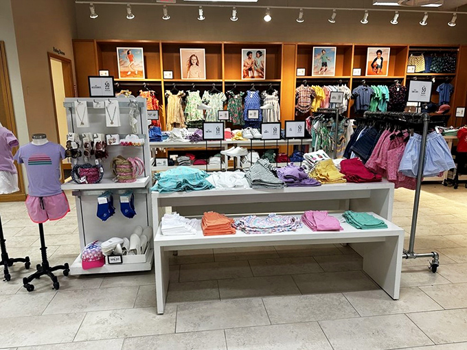 Colorful children's clothing displays prove that dressing little ones stylishly doesn't require refinancing your home.
