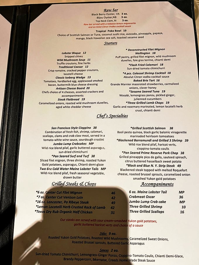 The menu reads like a love letter to seafood and steak enthusiasts. Each description promises a flavor journey that makes decision-making deliciously difficult.
