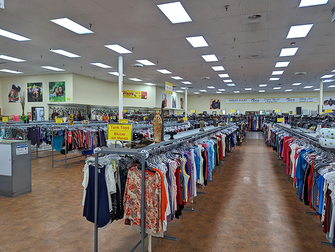 The women's section stands organized with military precision, where blouses and tops await their second chance at making a fashion statement.