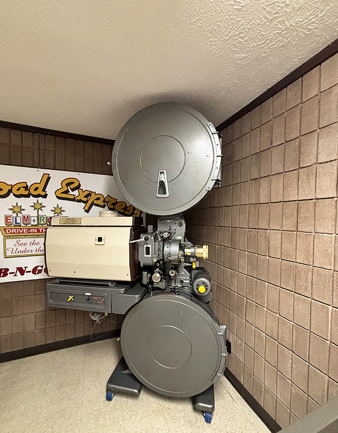 The beating heart behind the movie magic. This vintage projector has likely beamed thousands of stories onto the massive outdoor screen.