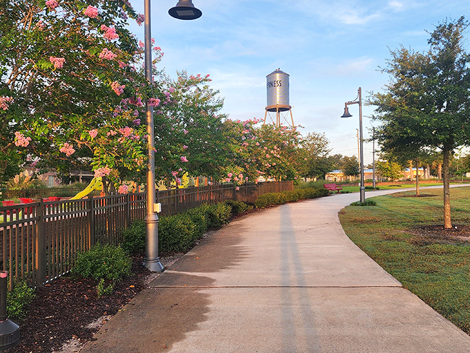 Liberty Park's walking path leads to that iconic water tower &ndash; the small-town equivalent of the Eiffel Tower, just with more practical plumbing.