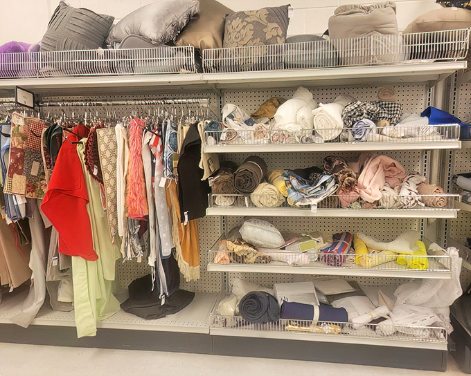 Fabric heaven for crafters and home decorators. That red dress fabric might be your next tablecloth or the star of your Halloween costume.