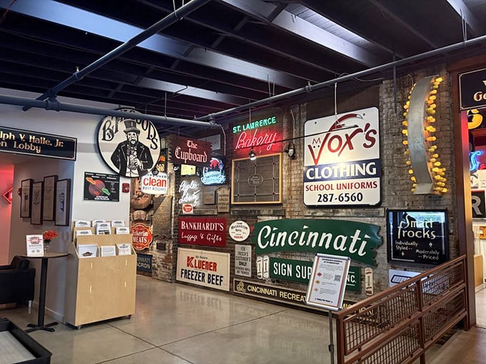 A wall of vintage signage that tells Cincinnati's commercial history better than any textbook ever could.