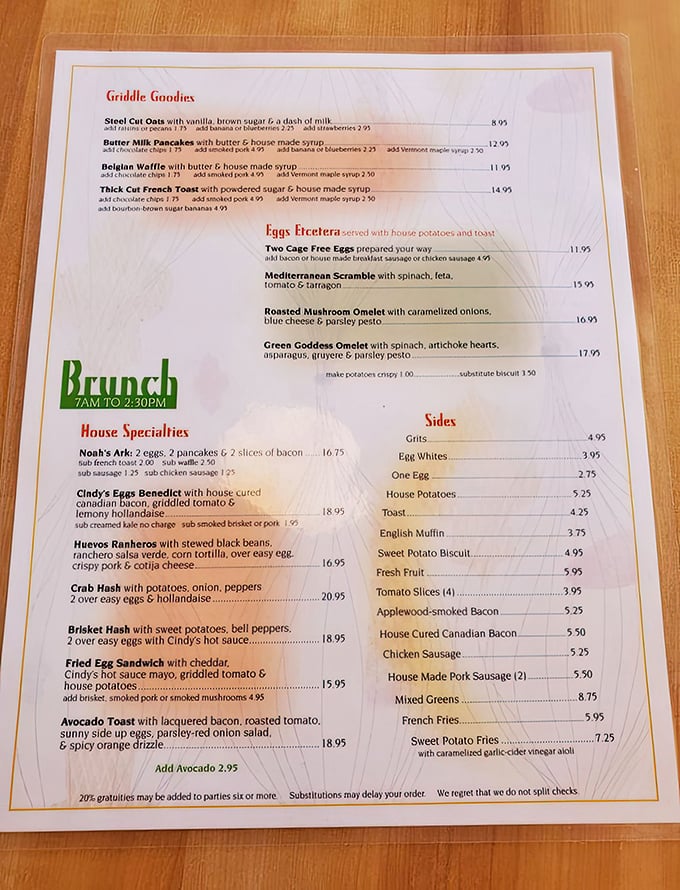 The brunch menu reads like a love letter to morning indulgence, featuring everything from Steel Cut Oats to the hearty Noah's Ark breakfast feast.