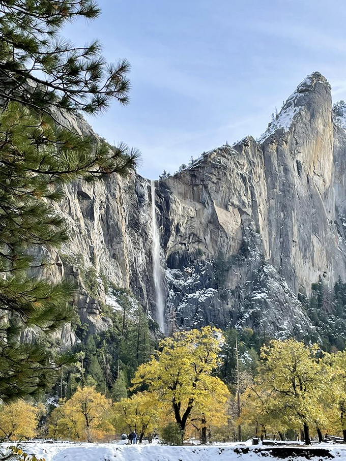 Winter's golden frame: Snow-dusted cliffs and autumn trees create nature's perfect portrait gallery around the slender white ribbon of Bridalveil Fall.