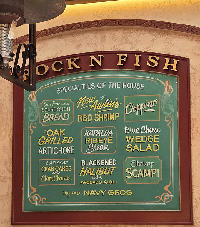 The menu board reads like a greatest hits album of seafood classics. That Navy Grog recommendation isn't just decoration&mdash;it's solid life advice.