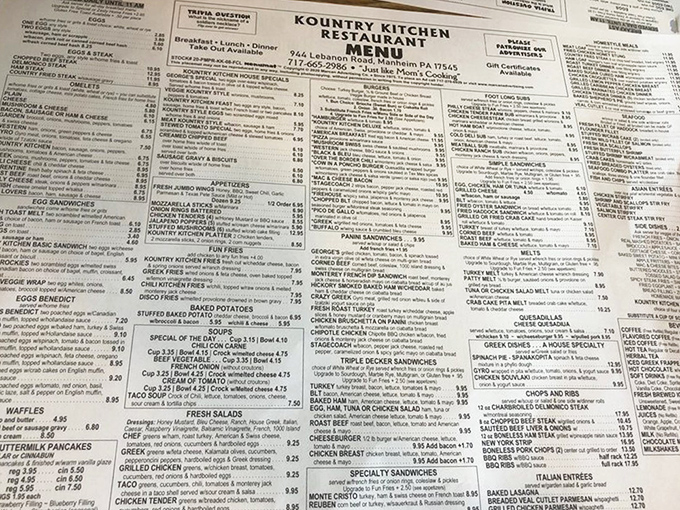 The menu at Kountry Kitchen reads like a novel of comfort &ndash; chapters of breakfast classics, lunch favorites, and dinner delights await.