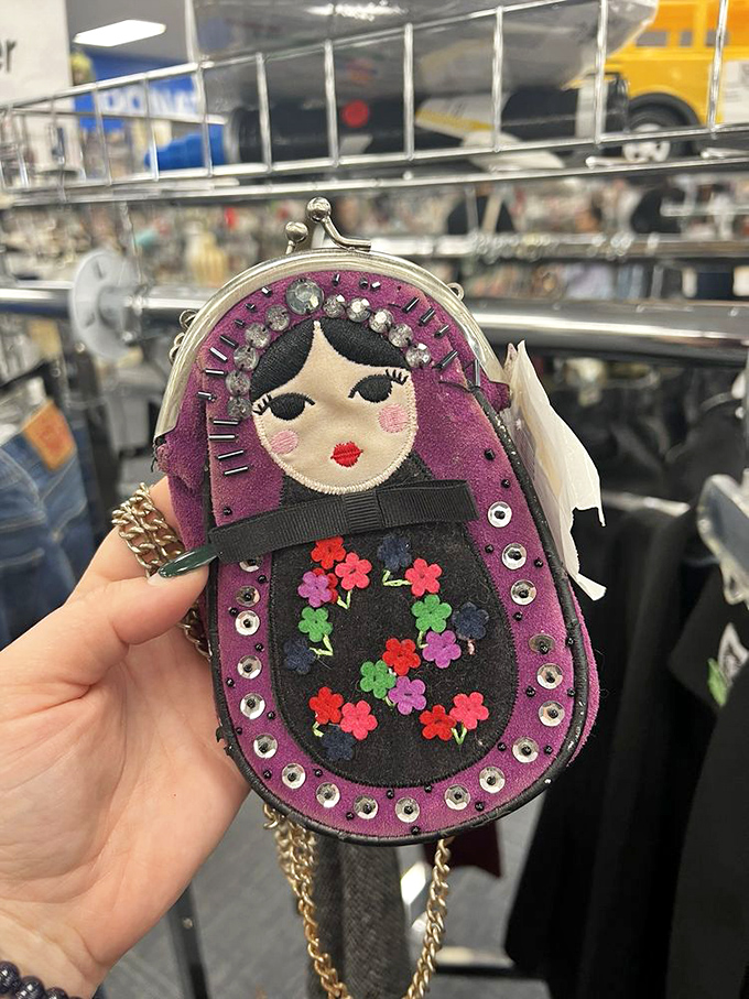 One shopper's donation becomes another's conversation piece. This whimsical Russian doll purse waited patiently for its second chance at accessory stardom.