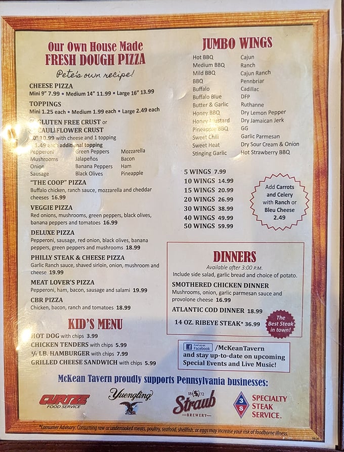 The menu tells the real story: jumbo wings in twenty flavors, house-made pizza, and a ribeye proudly declared "The Best Steak in Town!"