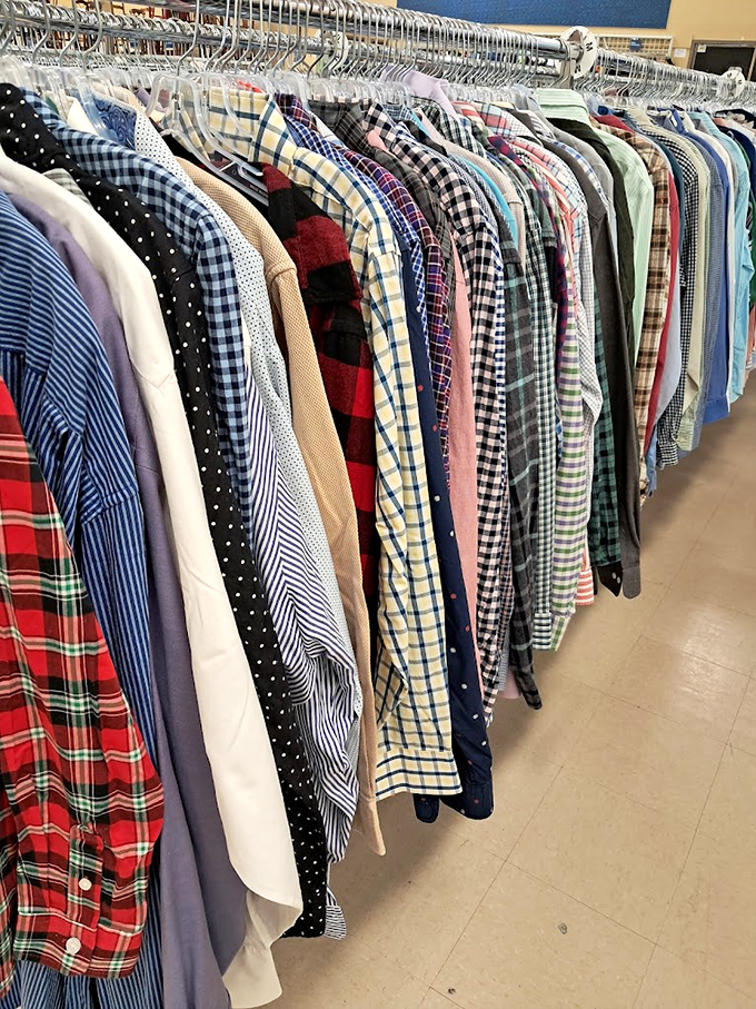 The men's shirt section: a kaleidoscope of patterns where yesterday's fashion becomes tomorrow's vintage find. Plaid never had it so good.