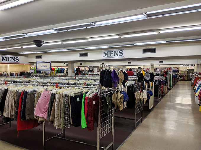 The men's department: where yesterday's business casual becomes tomorrow's vintage find. That pink sport coat is just waiting for its second act!