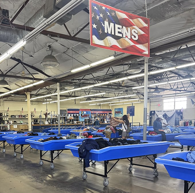 The men's section, where patriotism meets practicality. These blue bins have launched thousands of wardrobe reinventions.