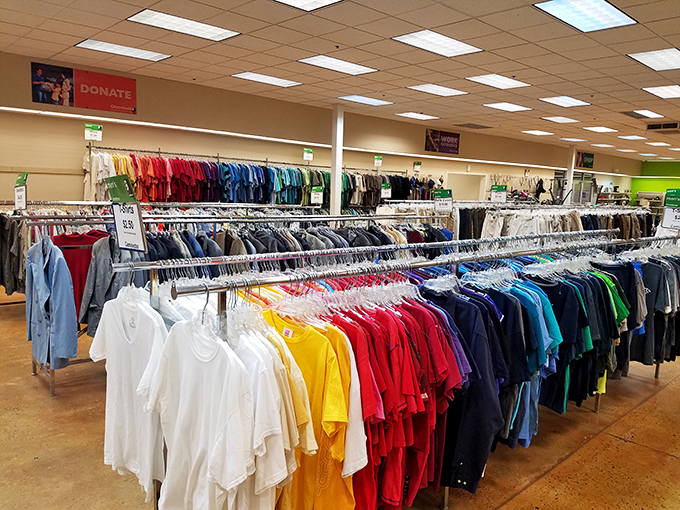 Color-coordinated clothing racks stretching into infinity&mdash;finally, a rainbow you can actually wear to your nephew's wedding.
