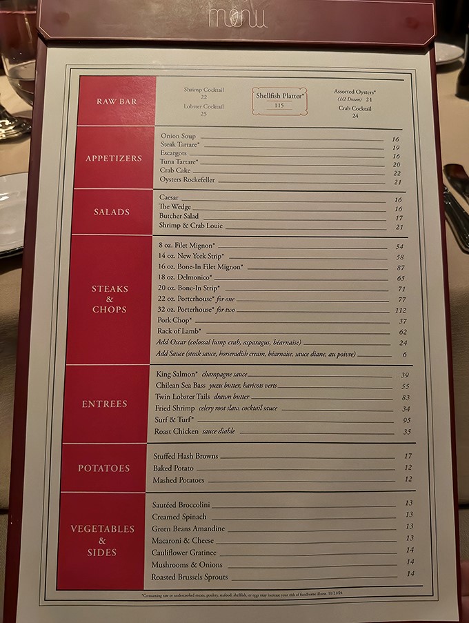 A menu that reads like a carnivore's dream journal. Notice the French onion soup sitting there innocently, not revealing its superstar status.