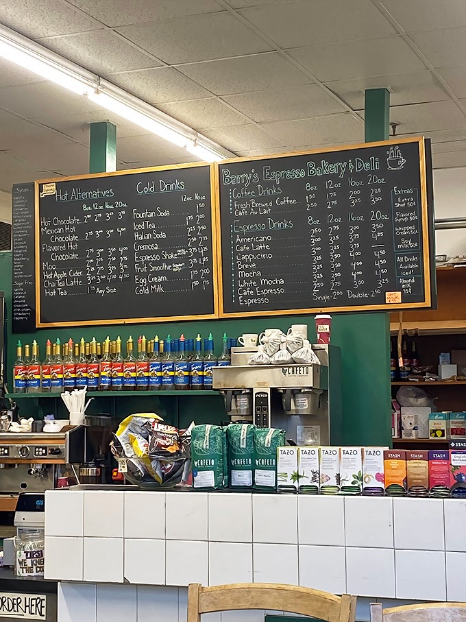 The chalkboard menu at Barry's&mdash;where decisions are tough and regrets are impossible. Coffee artistry meets bakery brilliance.