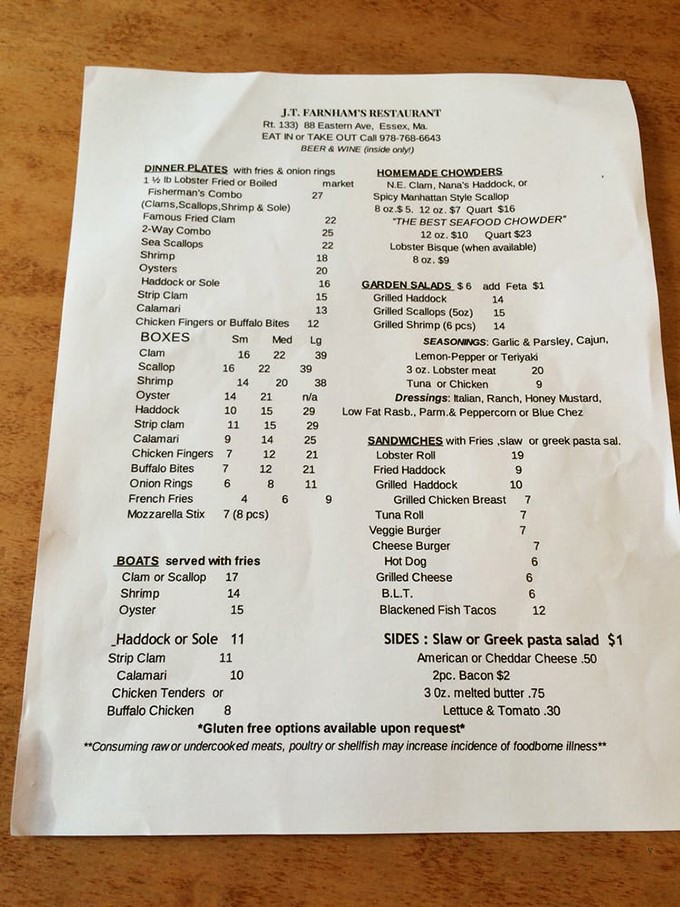 A menu that reads like poetry to seafood lovers. Notice how your eyes instinctively gravitate toward "fried clams."