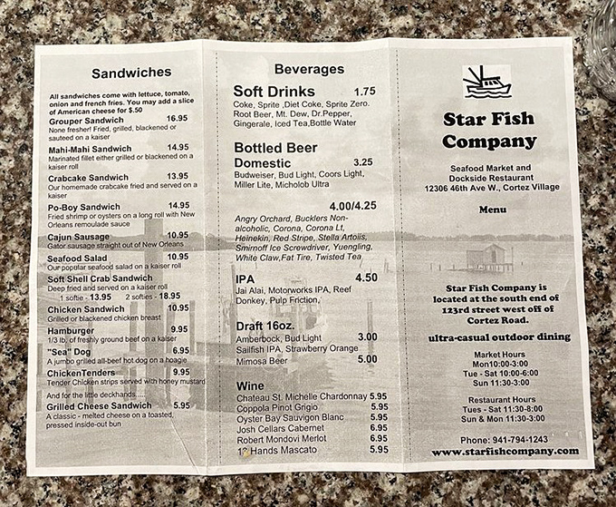 Simplicity at its finest. The no-frills menu board tells you everything you need to know&mdash;fresh seafood, cold drinks, and zero fuss.