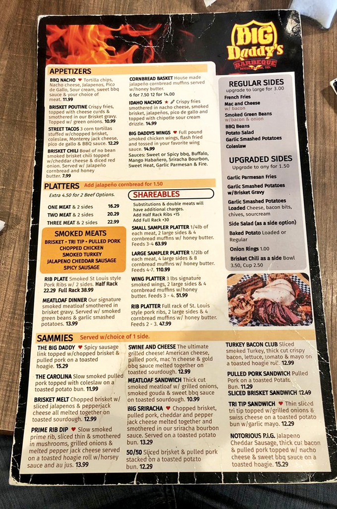 3. menu
This well-worn menu is like a treasure map where X marks the spot for BBQ bliss—each item a potential revelation for your taste buds.