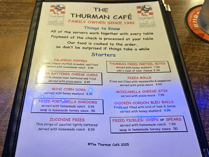The menu reveals Thurman's appetizer arsenal &ndash; where even the starters could be a meal elsewhere. Those pretzel bites are calling my name!