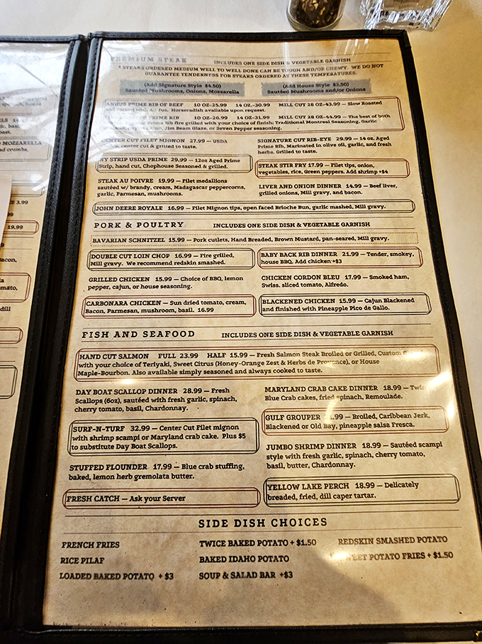 The menu reads like a love letter to classic American cuisine, with that legendary prime rib commanding center stage.
