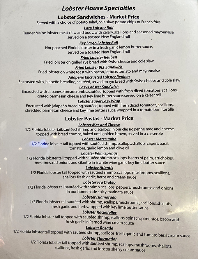 Reading this menu is like finding a treasure map where X marks every delicious spot. The lobster combinations are practically poetry.