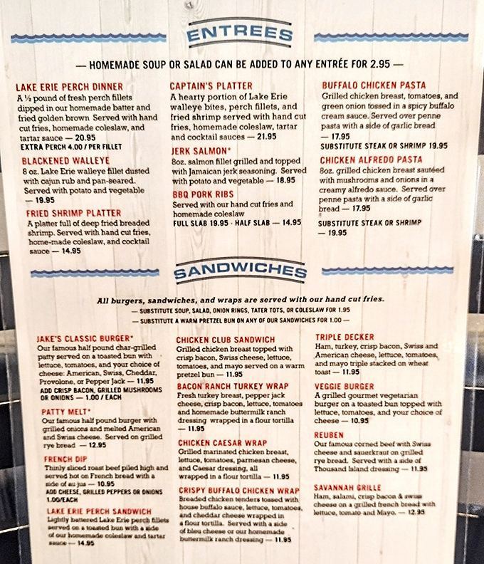 A menu that reads like a love letter to Lake Erie's bounty&mdash;where the blackened walleye isn't just a dish, it's practically local currency.
