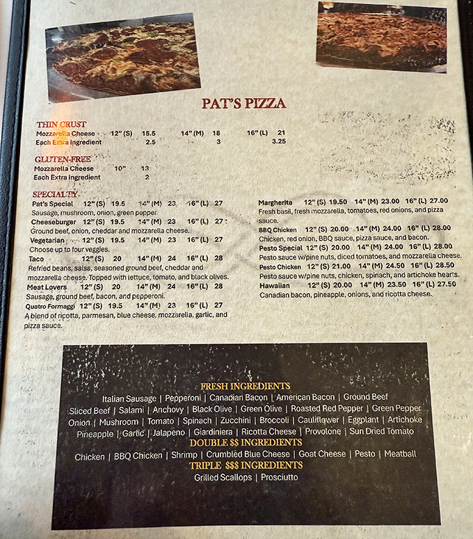 The menu reads like a love letter to Italian-American classics, with that tavern-style thin crust pizza taking center stage where it rightfully belongs.