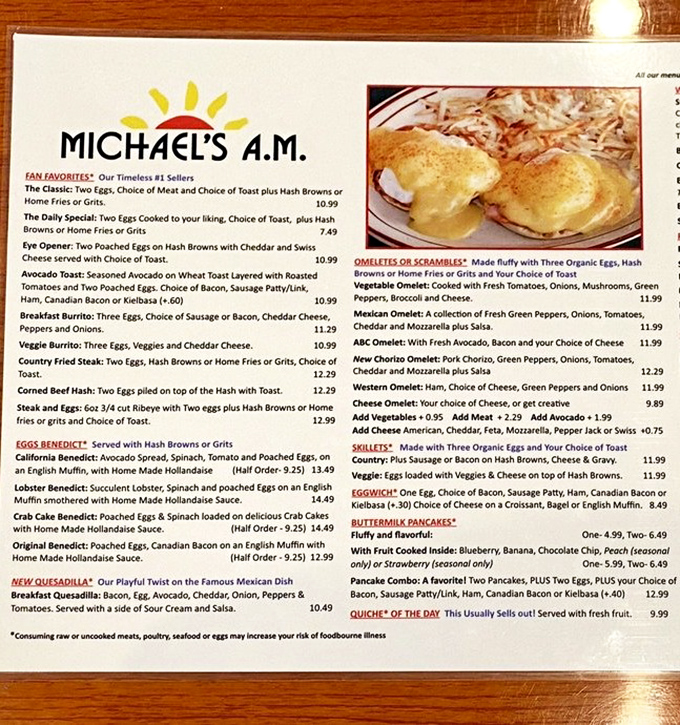 The menu reads like a breakfast lover's bucket list, with Benedicts taking center stage in this morning symphony of options.