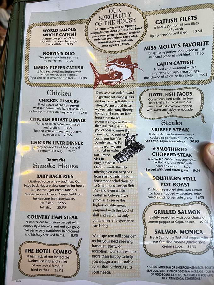 This menu isn't just a list of options &ndash; it's a love letter to Southern cooking traditions where catfish reigns supreme and hushpuppies are mandatory.