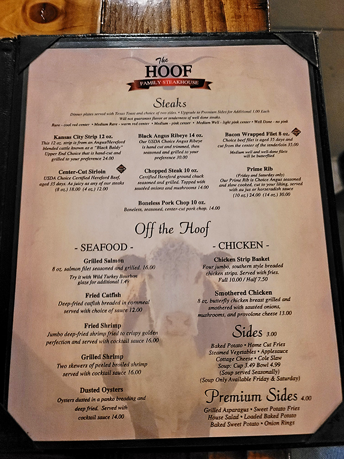 This menu reads like a love letter to carnivores, with hand-cut steaks taking center stage at every turn.