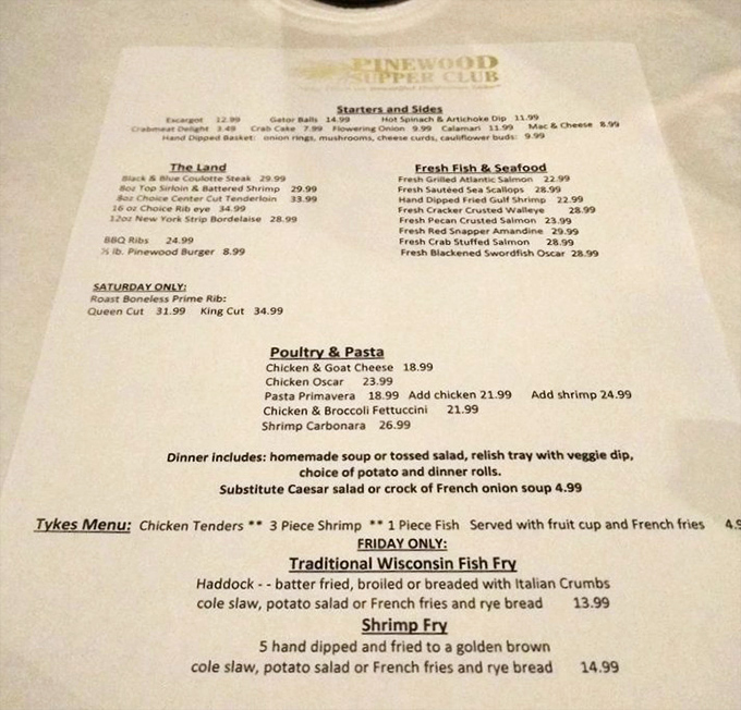 This menu reads like a greatest hits album of Wisconsin supper club classics, with that Saturday prime rib headlining.