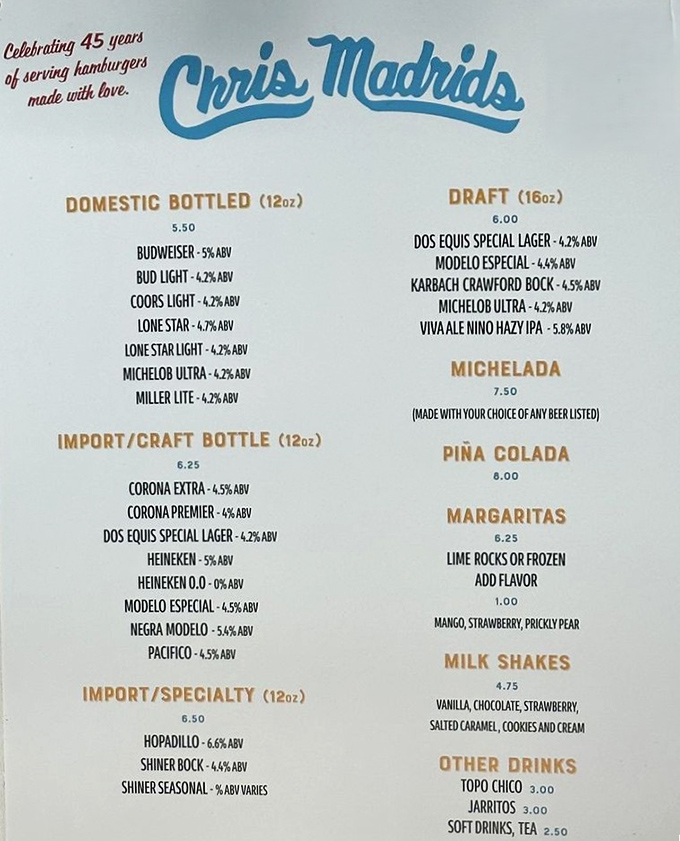 A drink menu that understands its purpose: to provide the perfect liquid companion for what might be the cheesiest burger experience of your life.