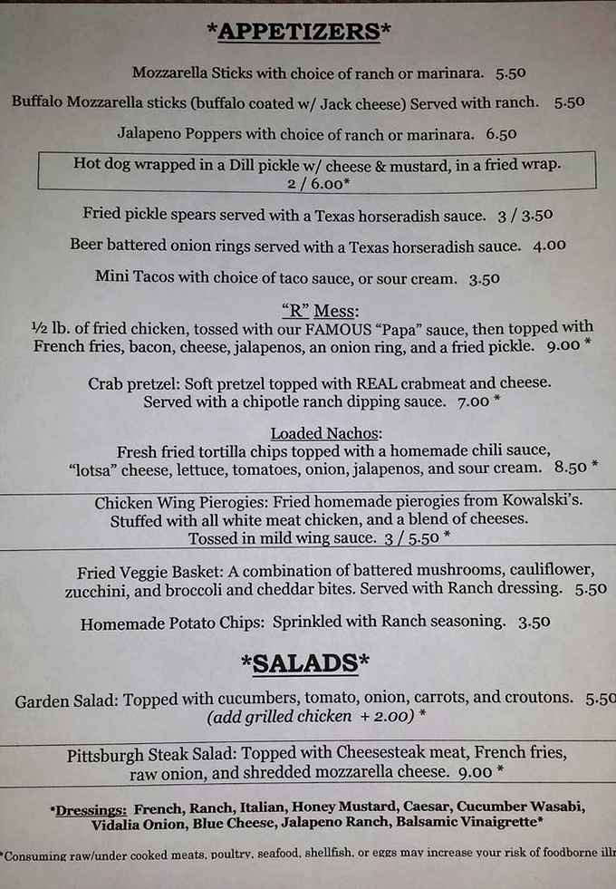 This menu reads like a love letter to comfort food enthusiasts. The "R Mess" isn't just a dish—it's a delicious commitment.