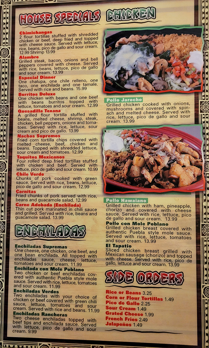 The menu reads like a love letter to Mexican cuisine classics. Each red-highlighted special promises a different path to satisfaction—choose your own adventure!