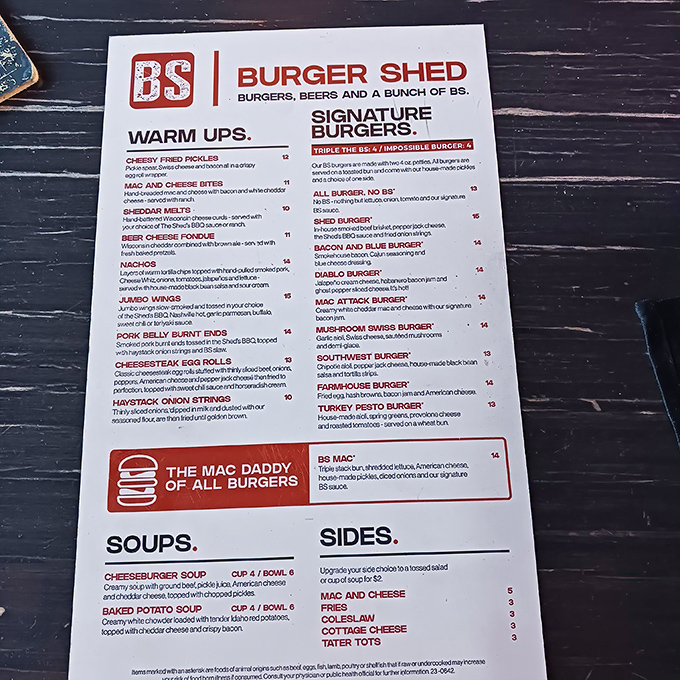 A menu that doesn't mince words&mdash;just meat. The "Mac Daddy of All Burgers" section alone is worth the drive to Altoona. 