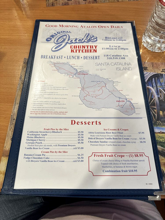 The menu reveals Jack's true treasures: fruit pies from across America and desserts that make you consider skipping straight to the finale of your meal.